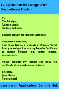Transfer Certificate (TC) Application for College 11+ Samples