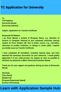 Transfer Certificate (TC) Application for College 11+ Samples