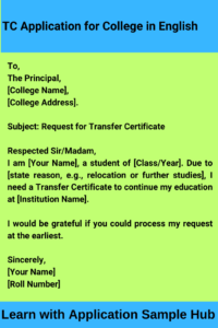 Transfer Certificate (TC) Application for College 11+ Samples