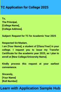 Transfer Certificate (TC) Application for College 11+ Samples